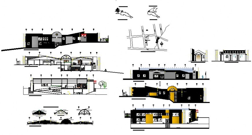 Administration center building all sided elevation and section and auto ... Administration center building all sided elevation and section and auto ...