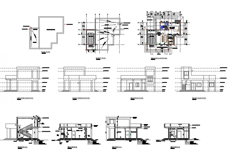 House all sided elevation, section, floor plan and roof plan details ... House all sided elevation, section, floor plan and roof plan details ...