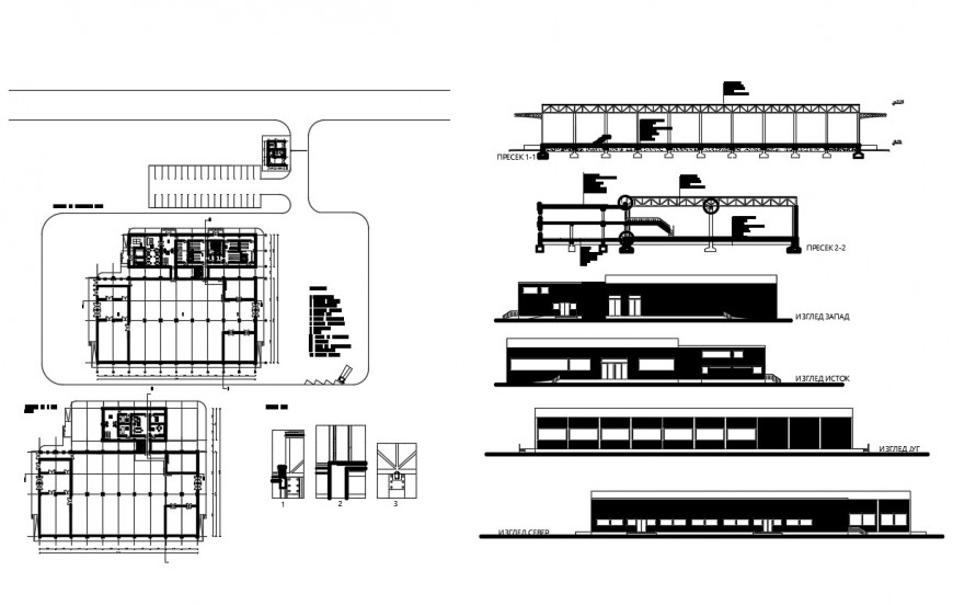 Industrial hall all sided elevation, section and plan cad drawing ...