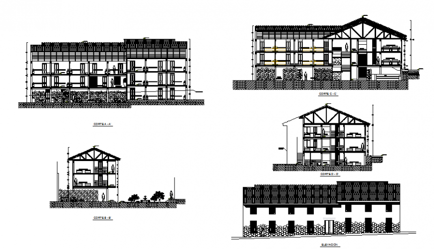 Main elevation and all sided sectional details of multi-level hotel dwg ... Main elevation and all sided sectional details of multi-level hotel dwg ...