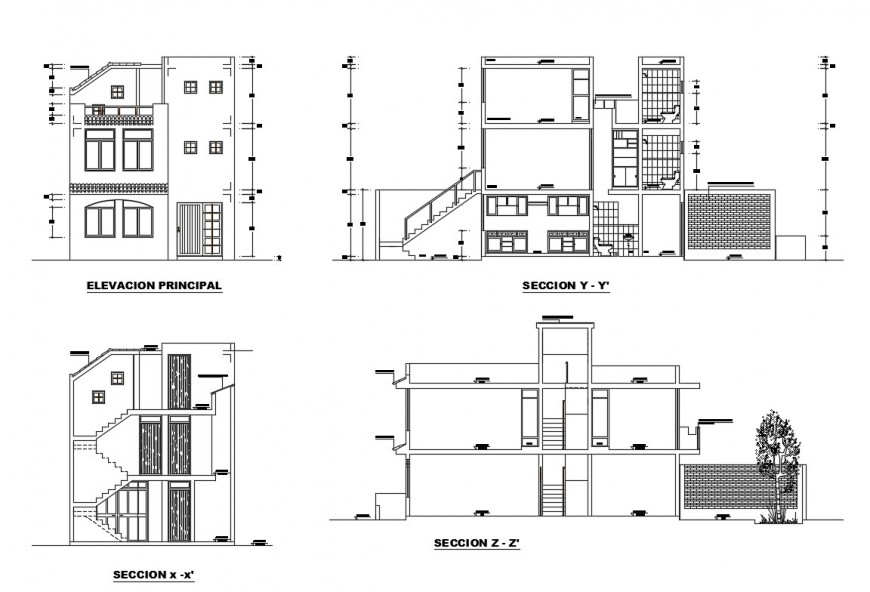Main elevation and all sided sectional details of two-story house dwg file Main elevation and all sided sectional details of two-story house dwg file